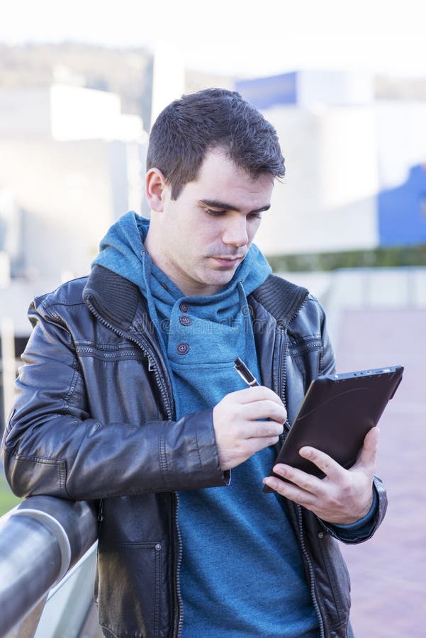 Man Using Tablet Computer, Outdoor. Stock Image - Image of caucasian ...