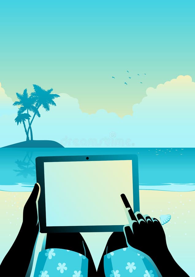 Man Using Tablet Computer on Tropical Beach Stock Vector - Illustration ...