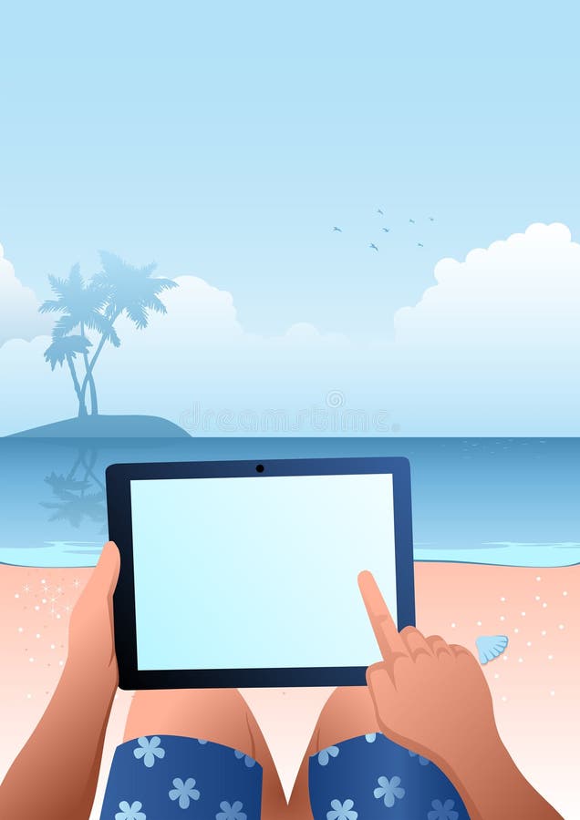 Man Using Tablet Computer on Tropical Beach Stock Vector - Illustration ...