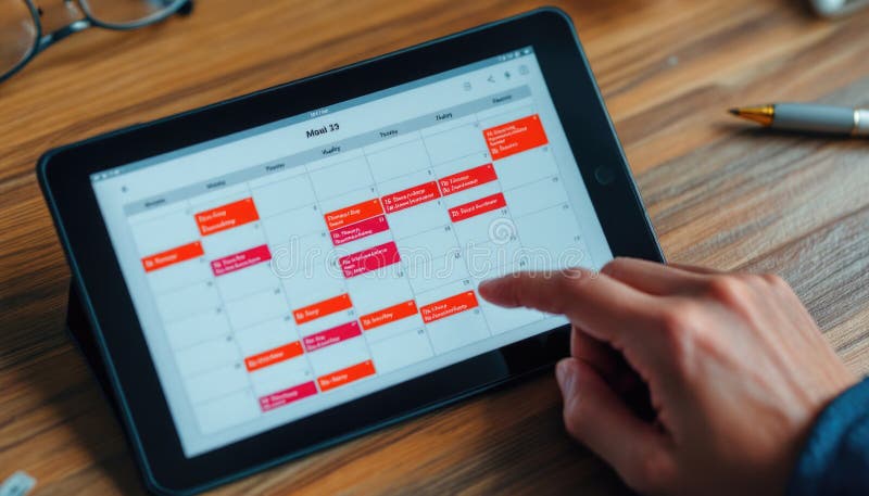 Man Using Tablet for Digital Calendar Scheduling on Wooden Tabletop ...