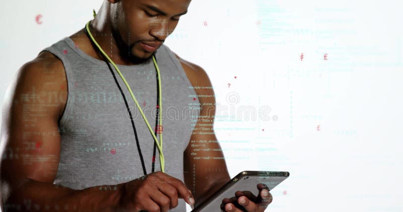 Man Using Tablet with Digital Data and Coding Animation Overlay Stock ...