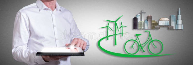 Eco Friendly Concept with Man Using a Tablet Stock Photo - Image of ...