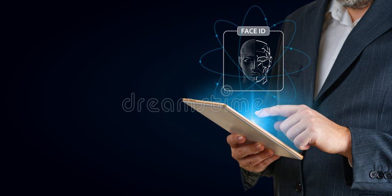 Man Using Tablet with Face Id Scan and Modern Technology. Login Using ...