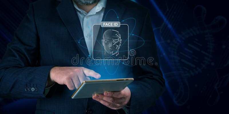 Man Using Tablet with Face Id Scan and Modern Technology. Login Using ...