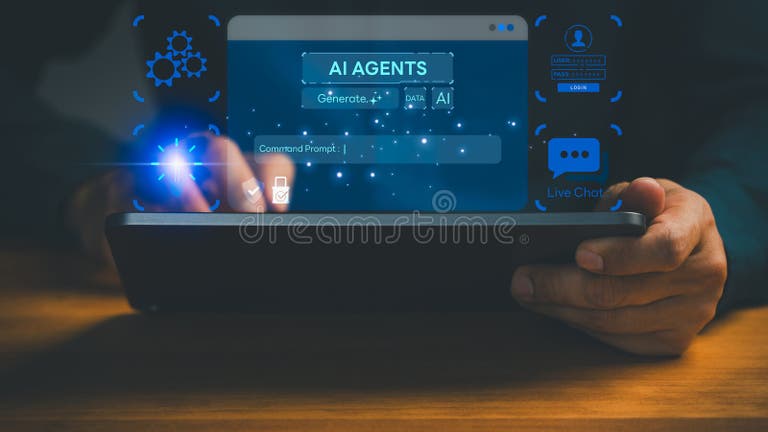 Man Using a Tablet with Futuristic Interface Showing AI Agents, Live ...