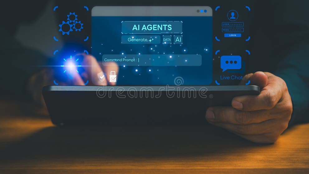 Man Using a Tablet with Futuristic Interface Showing AI Agents, Live Chat, Login and Idea Icons ...