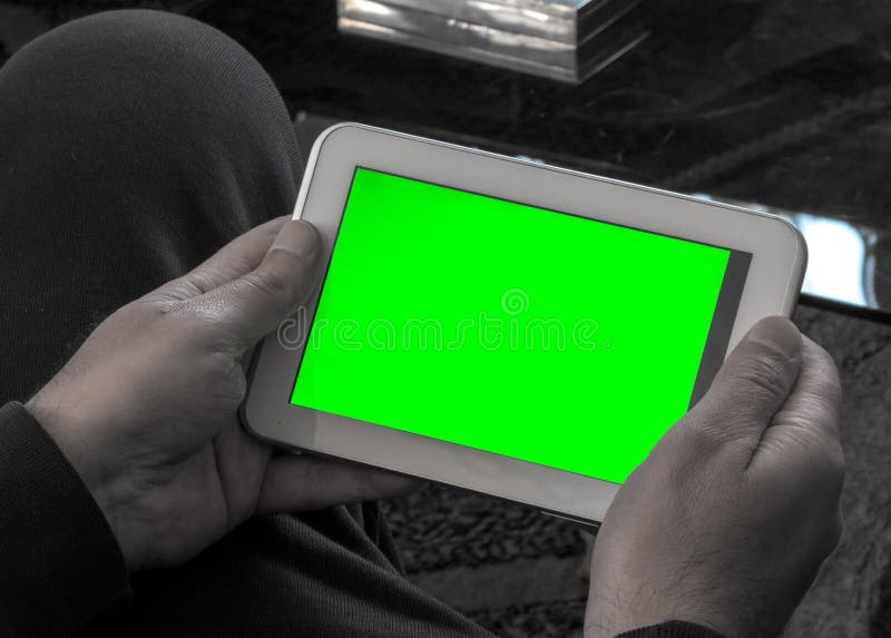 Man Using a Tablet with Green Screen Stock Photo - Image of mobile ...