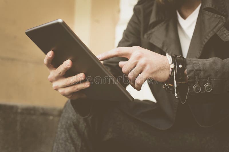 Man Using Tablet Outdoor. Close Up Image Stock Image - Image of ...