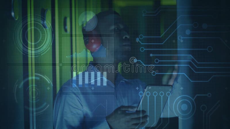 Man Using Tablet in Server Room with Digital Data Processing Animation ...