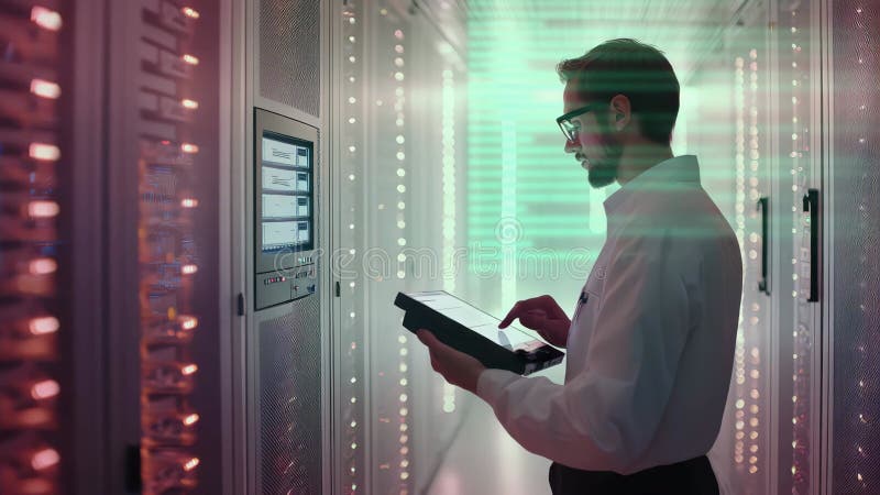 Man Using Tablet Server Room with Glowing Lights and Data Rack, Focused ...