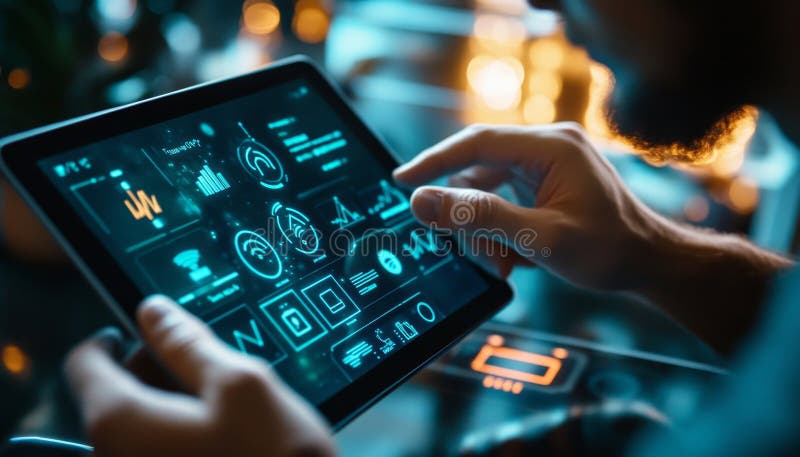 Man Using Tablet To Control Smart Home Devices with Temperature, Air ...