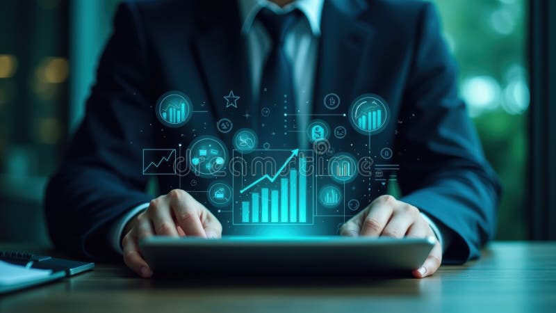 Man is Using a Tablet To View a Graph of Financial Data Stock Photo ...