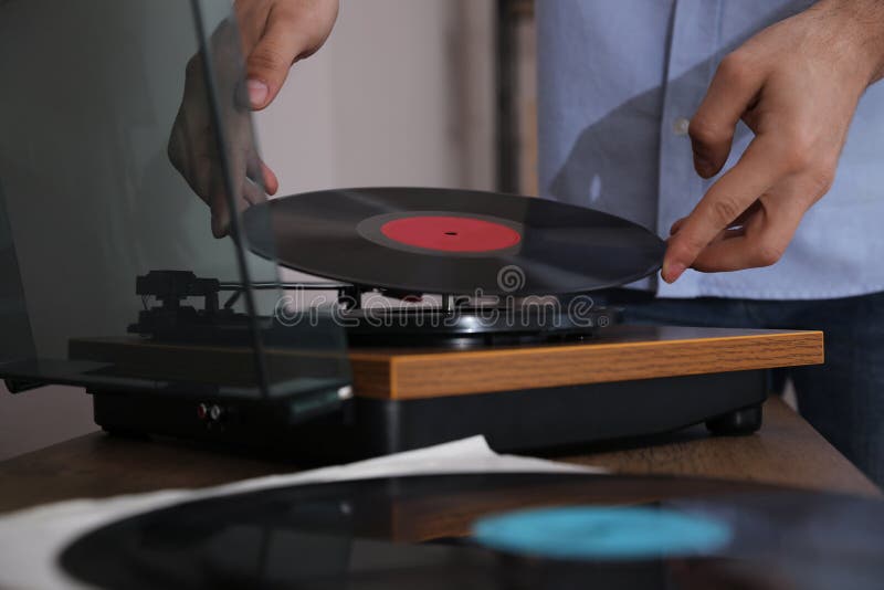 Man Using Turntable at Home, Closeup View Stock Image - Image of ...