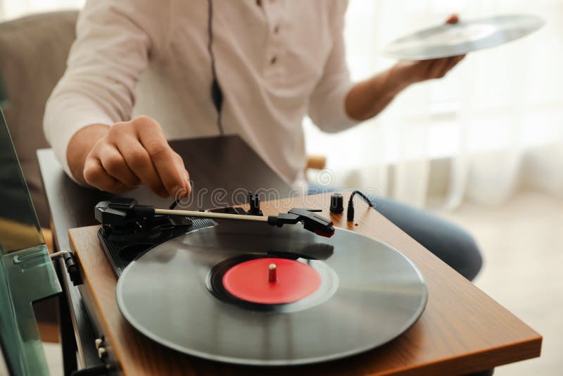Man Using Turntable at Home, Closeup View Stock Image - Image of hobby ...