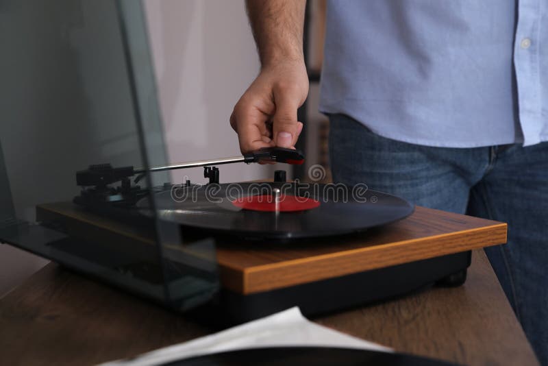 Man Using Turntable at Home, Closeup View Stock Photo - Image of audio ...