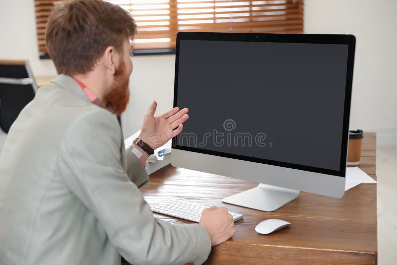 Man Using Video Chat on Computer in Home Office Stock Image - Image of ...