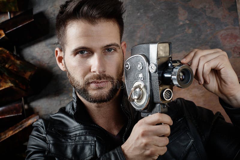Man Using Vintage Film Camera Stock Photo - Image of cameraman, adult ...