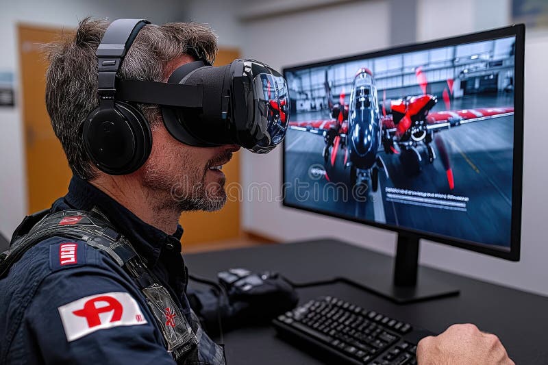Man Using VR Headset for Flight Simulator Training Stock Illustration ...