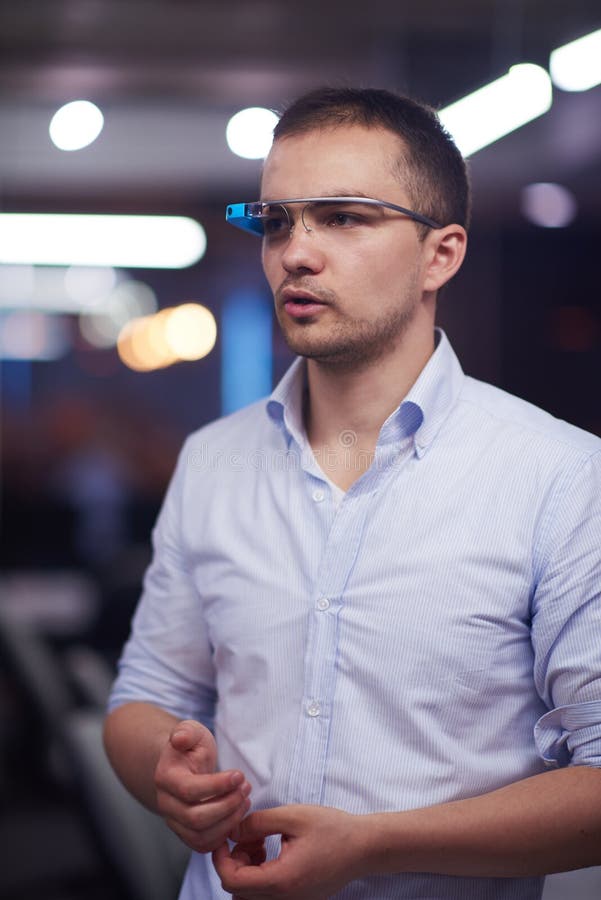 Man Using Virtual Reality Gadget Computer Glasses Stock Image - Image ...