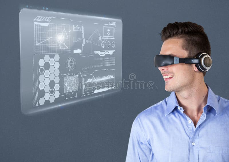 Man Using Virtual Reality Glasses with Interface Screen Stock Image ...