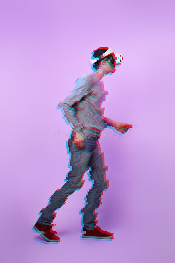 Man is Using Virtual Reality Headset. Image with Glitch Effect Stock ...