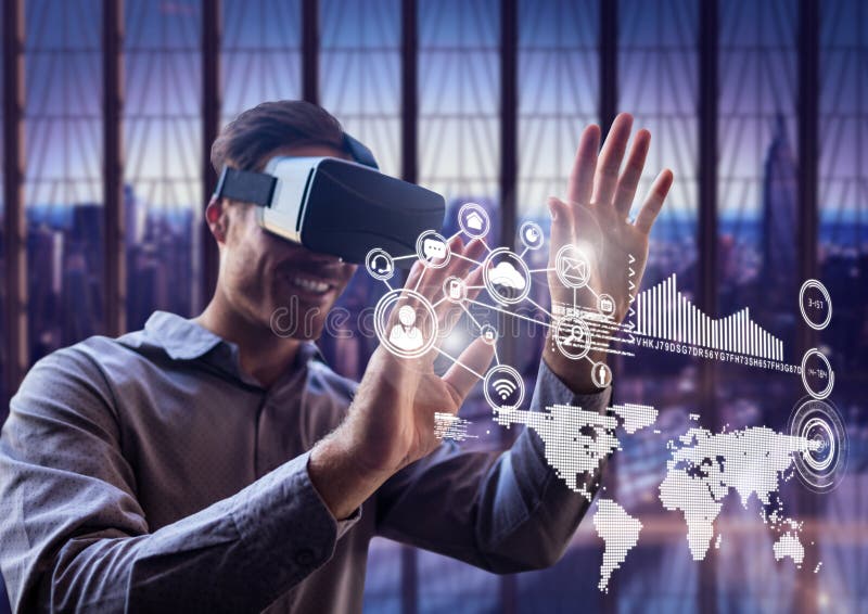 Man Using Virtual Reality Headset with Networking Icons Stock Image ...
