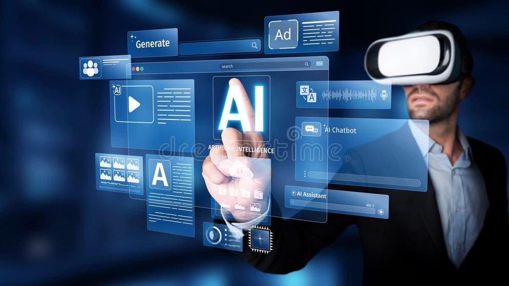 Man Using Virtual Reality Headset To Interact with Artificial Intelligence Interface and Digital ...