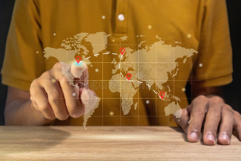 Man Using a Virtual World Map To Plan a Trip between Countries Stock ...