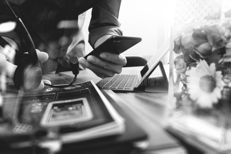 Man Using VOIP Headset with Digital Tablet Computer Docking Keyboard ...