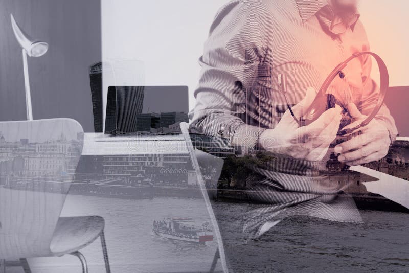 Man Using VOIP Headset with Digital Tablet and Laptop Computer a Stock ...