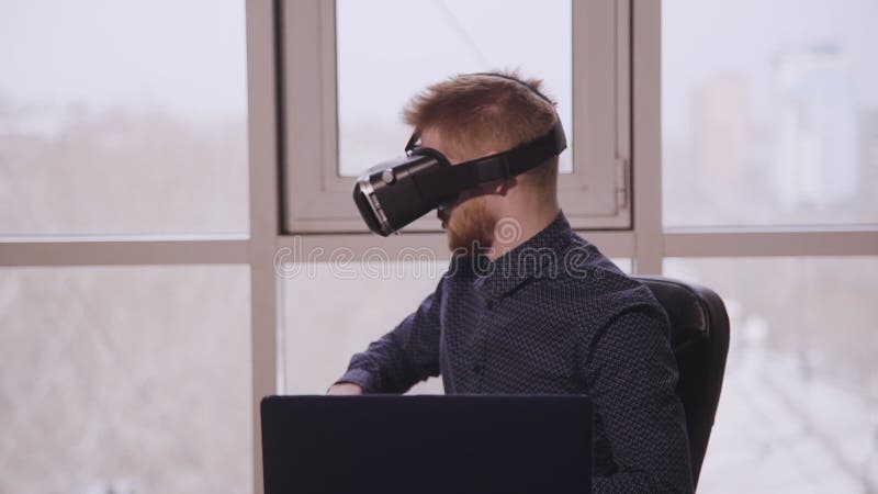 Man Using Vr Glasses at the Office. Exited Man Looking Aroung and ...