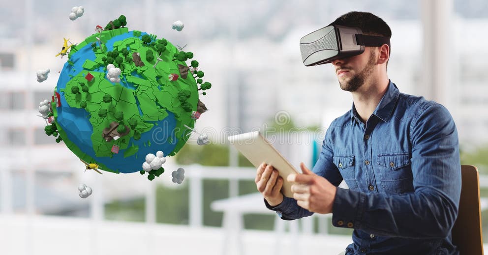 Man Using VR Glasses and Tablet PC by Low Poly Earth Stock Photo ...