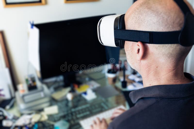 Man Using Vr Goggles in His Office Stock Image - Image of indoors, bald ...