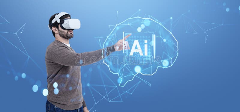 Man Using VR Headset Interacting with AI on a Futuristic Blue Ba Stock ...