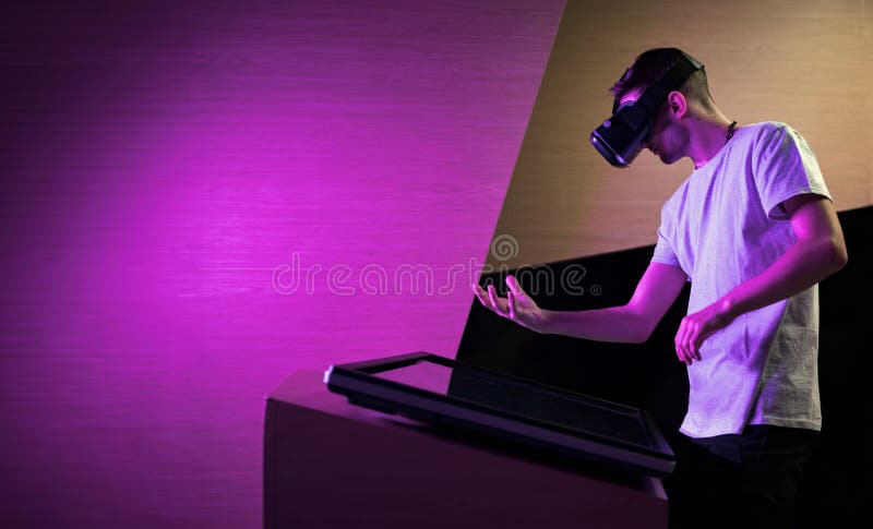 Man Using a VR Headset with Motion Tracking Tech, Make Hand Gestures in ...