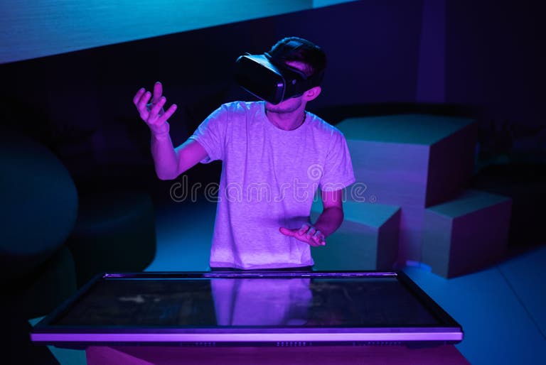 Man Using a VR Headset with Motion Tracking Tech, Make Hand Gestures in ...