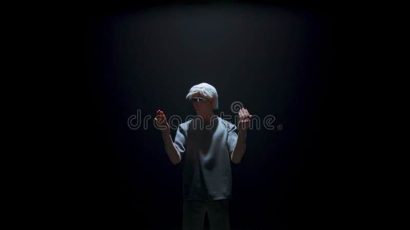 Man Using Vr Headset Touch Invisible Objects in Dark Room. Blonde Guy ...
