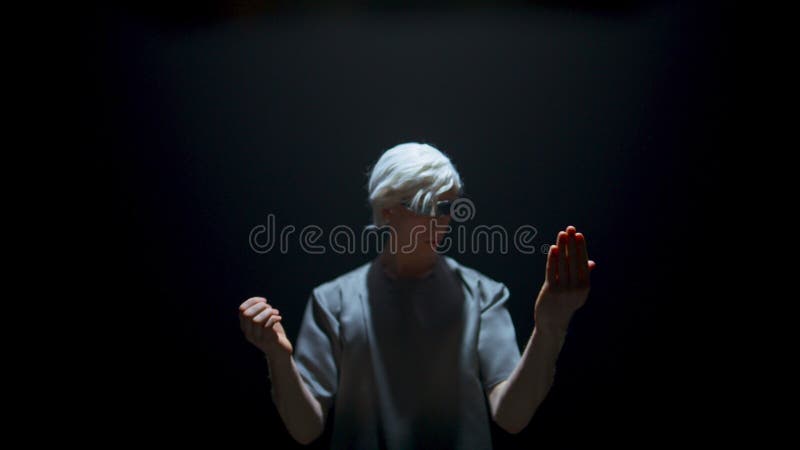 Man Using Vr Headset Touch Invisible Objects in Dark Room. Blonde Guy ...