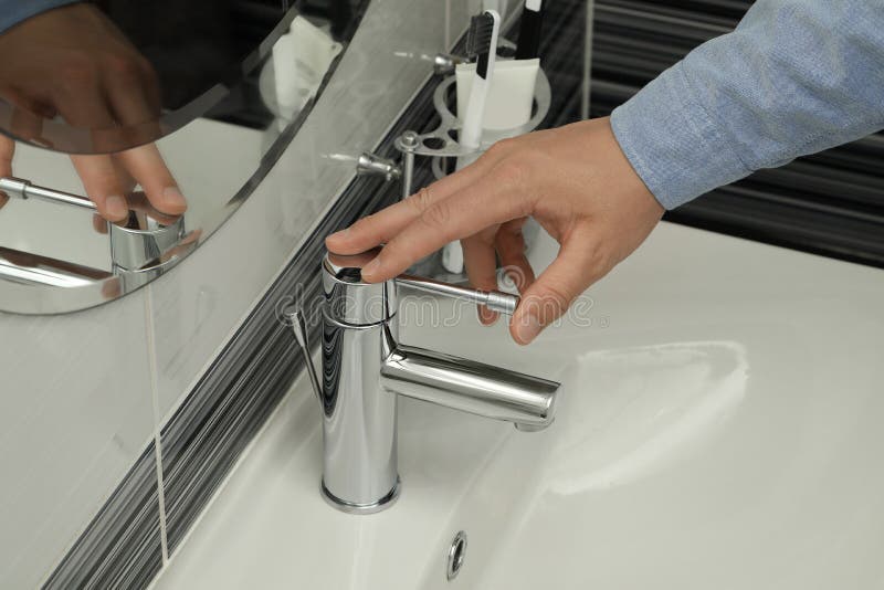 Man Using Water Tap in Bathroom, Closeup Stock Image - Image of healthy ...