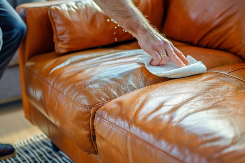 Man Using a Wet Cloth To Wipe Down and Refresh a Synthetic Leather Sofa ...