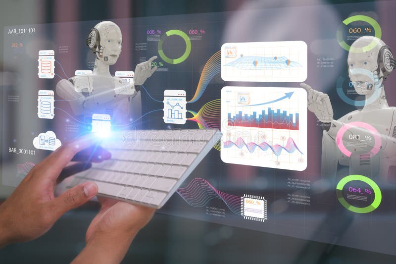 Man Using Wireless Computer Keyboard Working with Robot Ai Input Data ... Man Using Wireless Computer Keyboard Working with Robot Ai Input Data ...