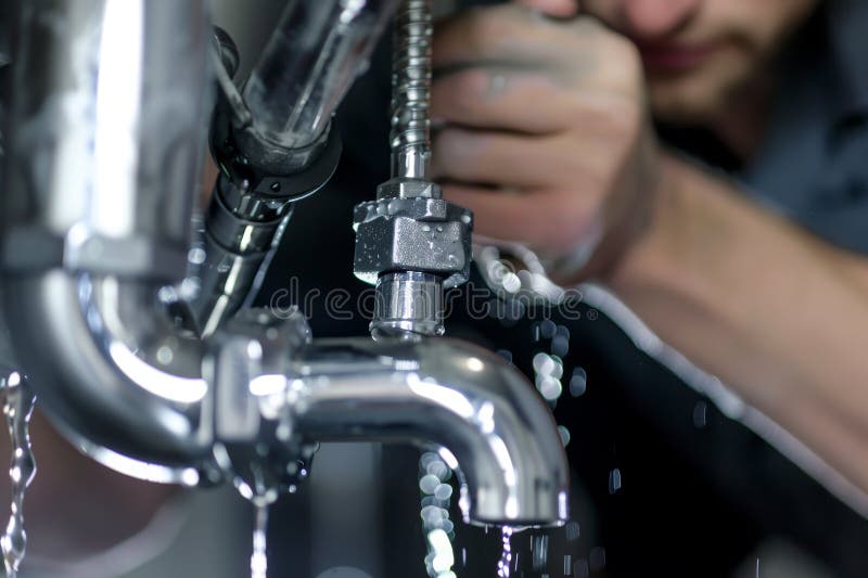 A Man is Using a Wrench To Repair a Machine in a Workshop, a Plumber ...