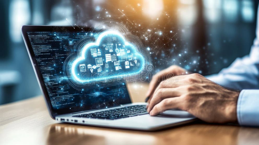 Man Utilizes Laptop To Show Cloud Computing and Digital Technologies in Action Stock Image ...