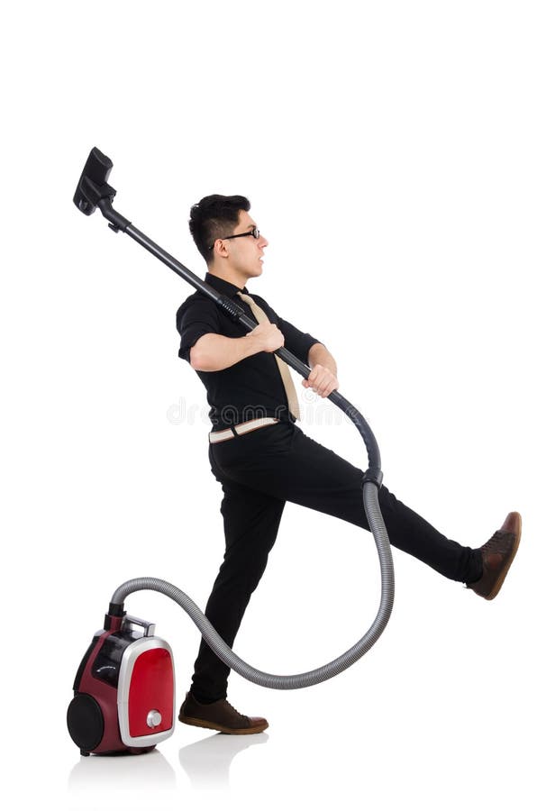 Man with Vacuum Cleaner Isolated Stock Image - Image of housekeeping ...