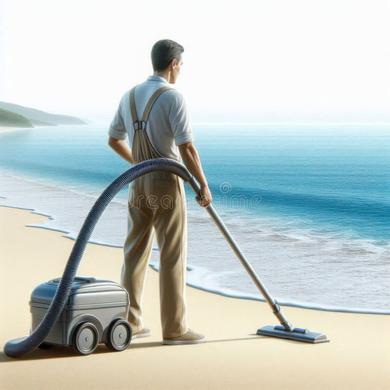 Man Vacuuming Sand on the Seashore. Stock Photo - Image of human ...