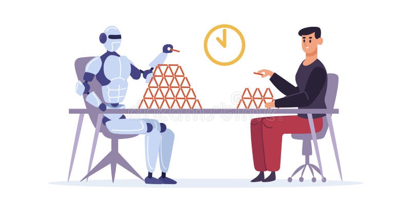 Man Versus Artificial Intelligence. Guy and Robot Making Card House ...