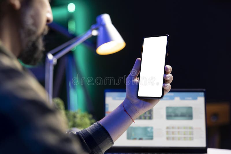 Man Vertically Holds Phone with Copyspace Stock Image - Image of ...