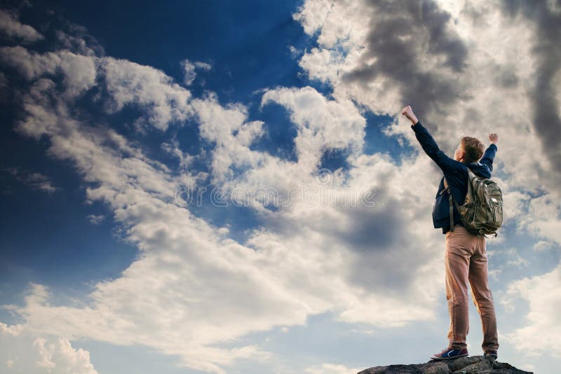 Man with Victory Gesture on the Top of Mountain Stock Image - Image of ...