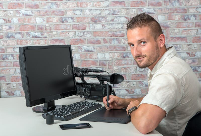Man Video Editor Using Graphic Tablet Stock Photo - Image of broadcast ...