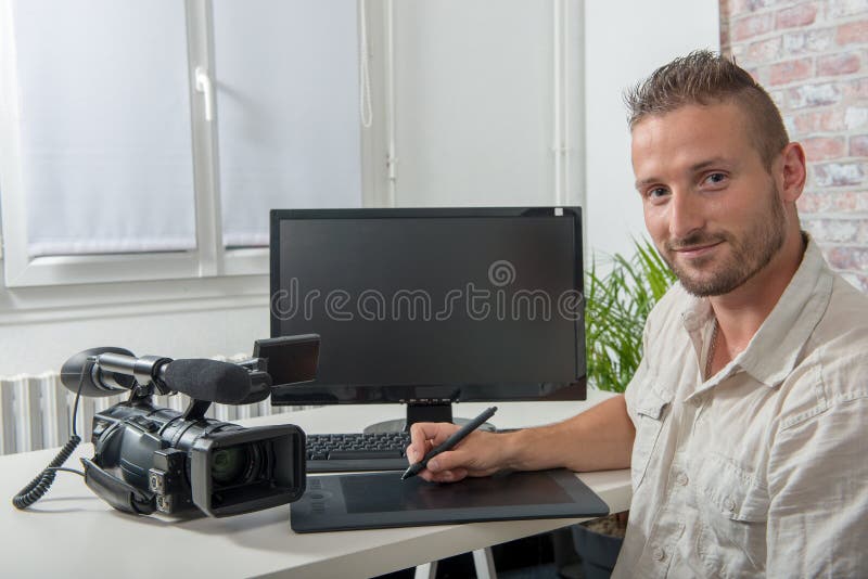 Man Video Editor Using Graphic Tablet Stock Image - Image of desktop ...
